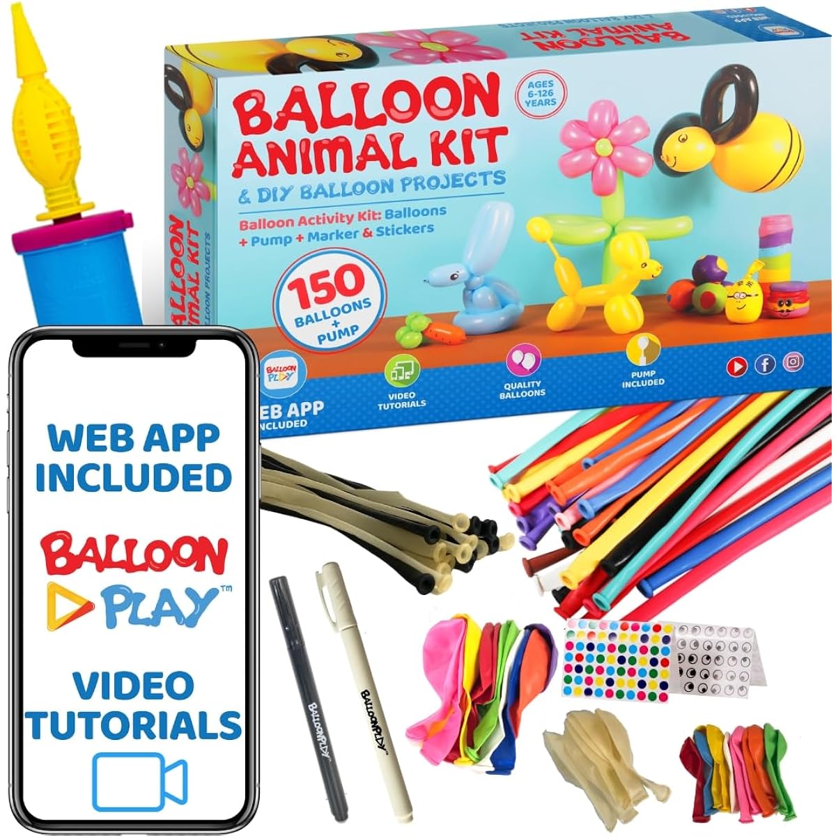 BalloonPlay Deluxe Balloon Animal Kit with Web App, 150 Balloons, Ball ...
