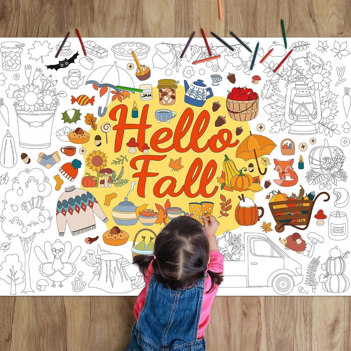 Hello Fall Jumbo Coloring Poster for Kids Adults Hello Autumn Giant Co ...