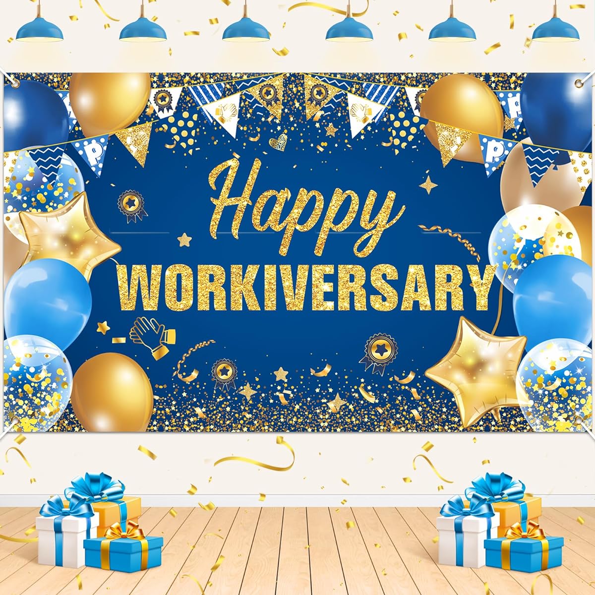 Happy Workiversary Banner Decoration Blue Gold Happy Work Anniversary ...